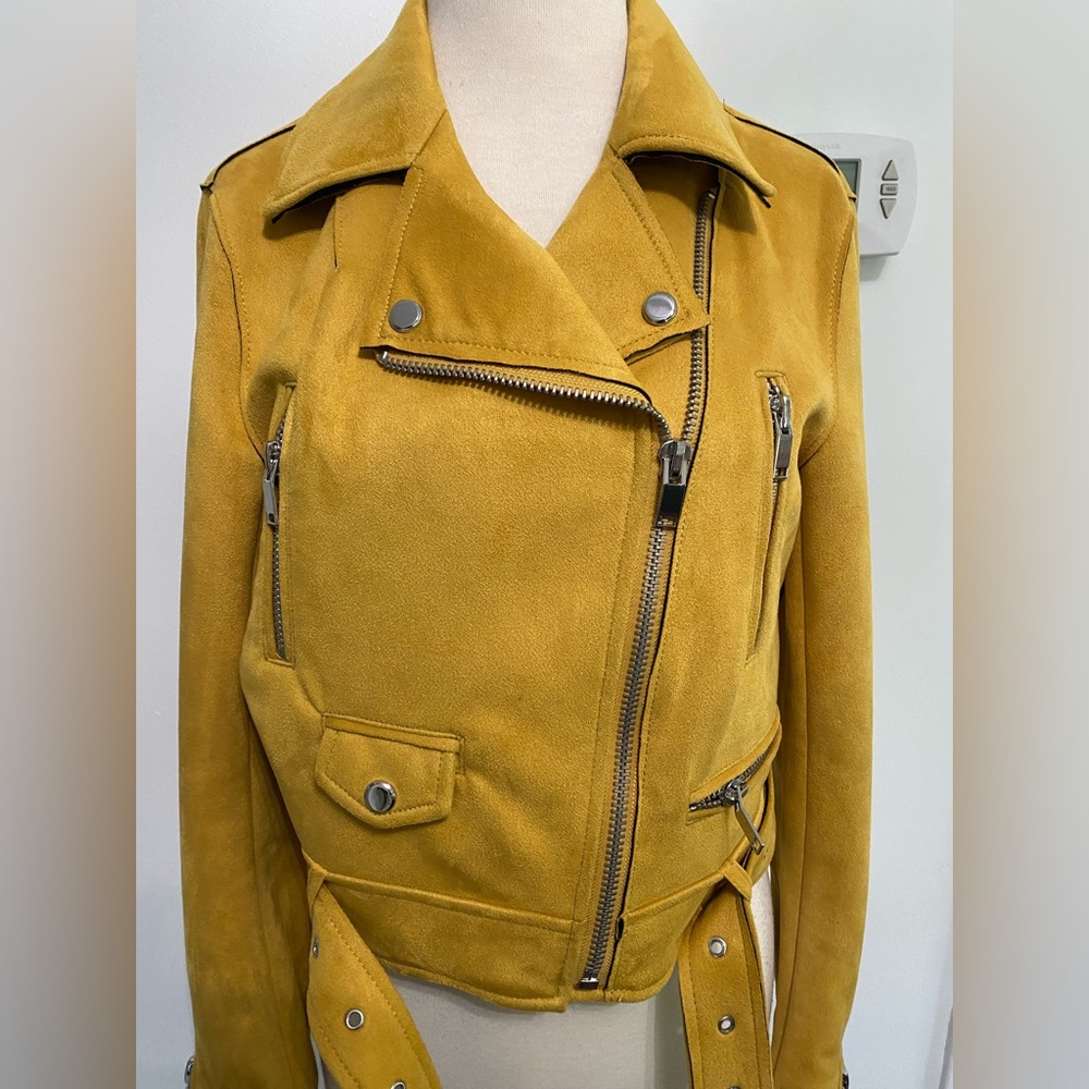 Zara Yellow Faux Suede Cropped Moto Jacket - Size S - Gem